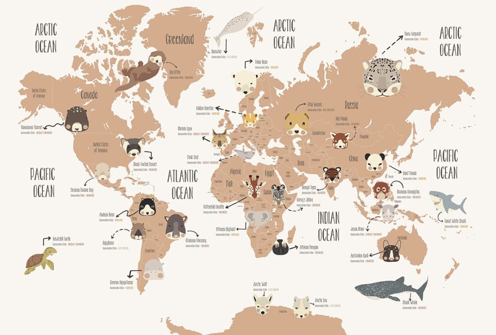Wildlife at Risk World Map – Sample – Little Hands Wallpaper Shop